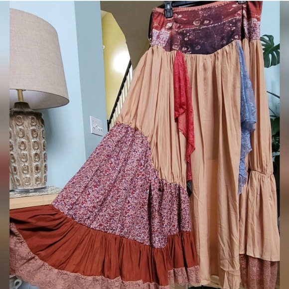 Ursime | Skirts | Ursime Boho Patchwork Floral Lace Trim Tiered Maxi ...